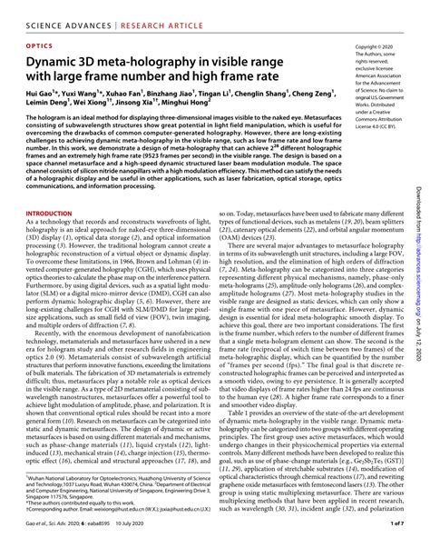 Pdf Dynamic High Efficiency 3d Meta Holography In Visible Range With