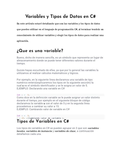 Variables Y Tipos De Datos En C Pdf C Sharp Lenguaje De