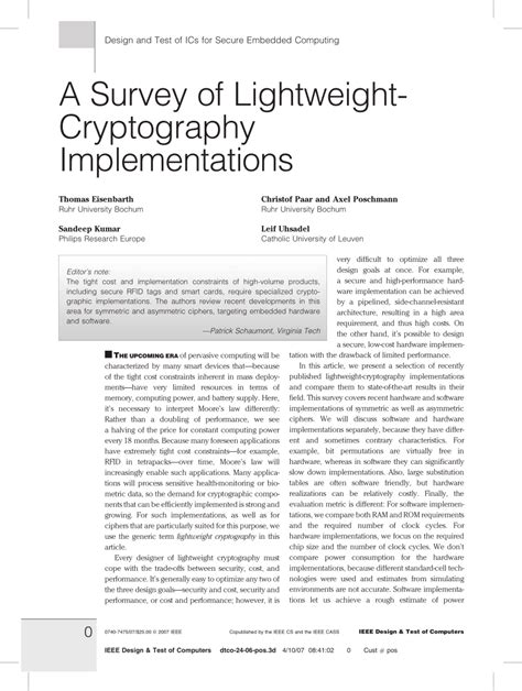 PDF A Survey Of Lightweight Cryptography Implementations