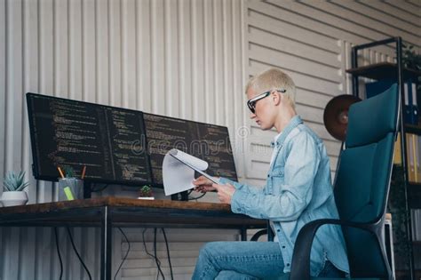 Professional Young Woman Coding At Dual Monitors In A Modern Office Stock Image Image Of