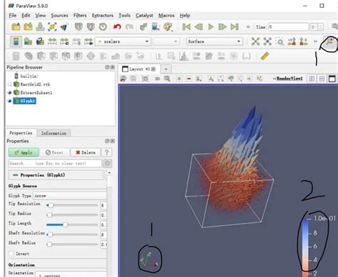 Paraview如何放大默认的坐标轴和颜色标尺？