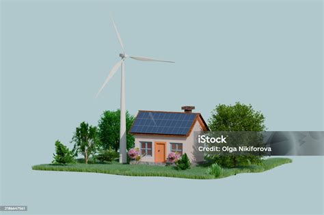 태양 전지판과 풍력 터빈이 있는 지속 가능한 집의 모델로 친환경 생활을 보여줍니다 3d 렌더링 0명에 대한 스톡 사진 및 기타 이미지 Istock
