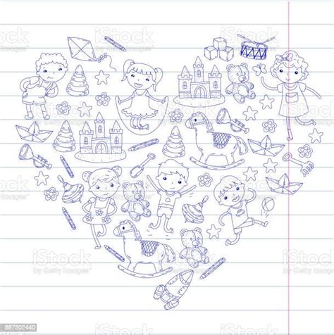 유치원 유치원 보육원 교육 어린이 낙서 패턴 아이 놀이 공부 하는 남자와 여자와 아이 드로잉 아이콘 공간 모험 탐험 상상력 개념 2 3 살에 대한 스톡 벡터 아트 및 기타