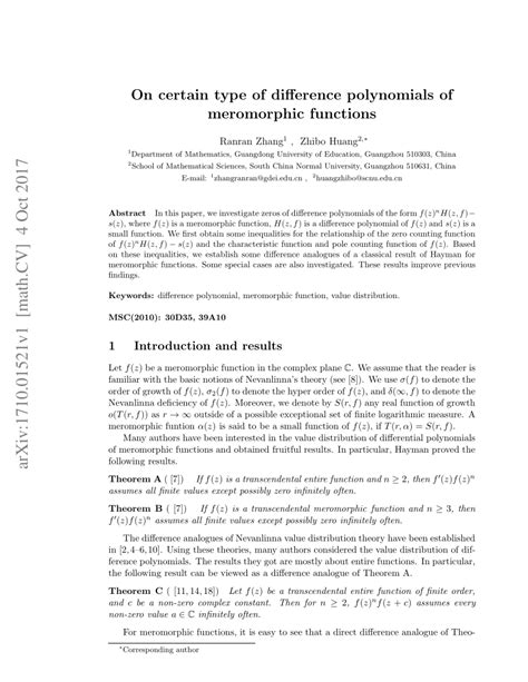 Pdf On Certain Type Of Difference Polynomials Of Meromorphic Functions