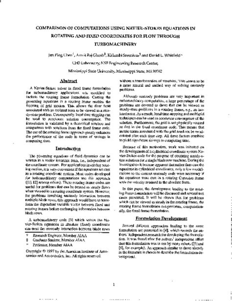 Pdf Comparison Of Computations Using Navier Stokes Equations In Rotating And Fixed Coordinates