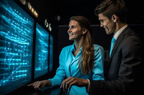 Man And Woman Standing In Front Of Computer Screen Premium Ai Generated Image