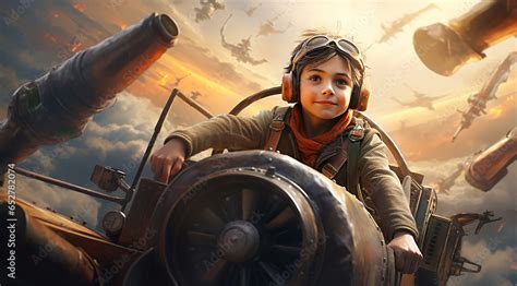 Illusion Digital Painting Of Babe Girl Ready To Travel With Plane Toy Cute Kid Happy With