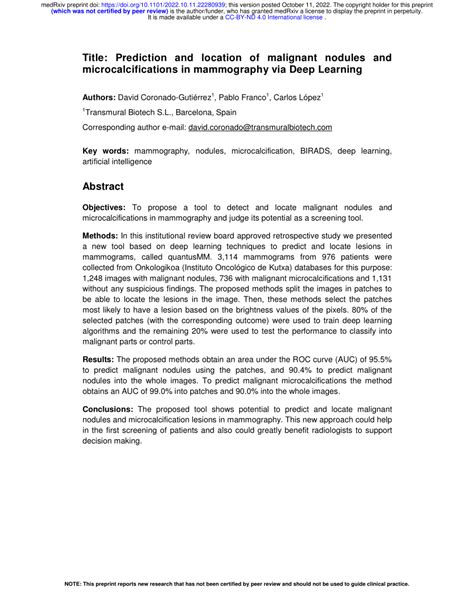 Pdf Prediction And Location Of Malignant Nodules And Microcalcifications In Mammography Via