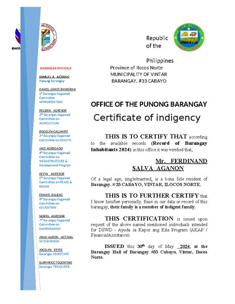 Barangay Indegency Ayuda Republic Of The Philippines Province Of Ilocos Norte Municipality Of