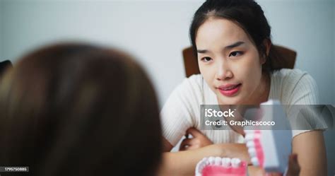 젊은 전문 치과 의사가 입 모델에 치아로 교정기를 가진 십대에게 설명합니다 20 24세에 대한 스톡 사진 및 기타 이미지