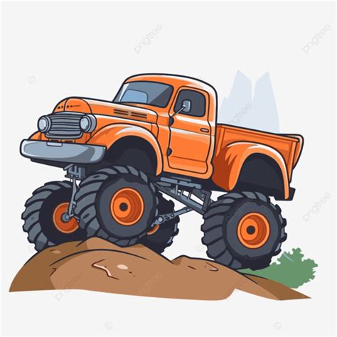 들어 올린 트럭 벡터 이 아이콘의 언덕 꼭대기에서 운전하는 주황색 몬스터 트럭 스티커 클립 아트는 일러스트레이션입니다 상표 클립 아트 Png 일러스트 및 벡터 에