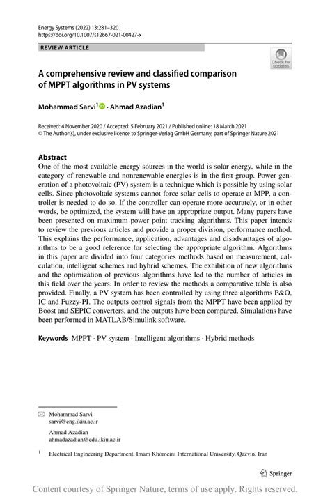 a comprehensive review and classified comparison of mppt algorithms in pv systems request pdf
