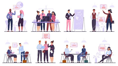 비즈니스 팀 캐릭터 팀웍 비즈니스 회의 및 브레인 스토밍 전문 사무실 사람들 회의 그림 설정합니다 전문 팀워크 사람들이 비즈니스 토론 프리미엄 벡터