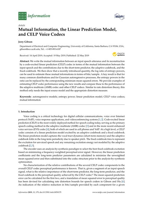 PDF Mutual Information The Linear Prediction Model And CELP Voice Codecs