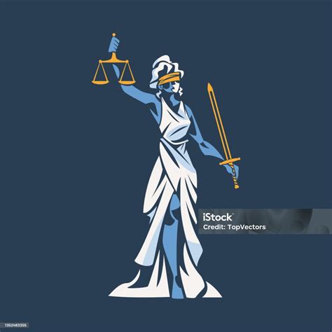 눈가리개를 들고 비늘과 검 벡터 일러스트와 고대 그리스 여신과 레이디 정의로 테마 여자에 대한 스톡 벡터 아트 및 기타 이미지