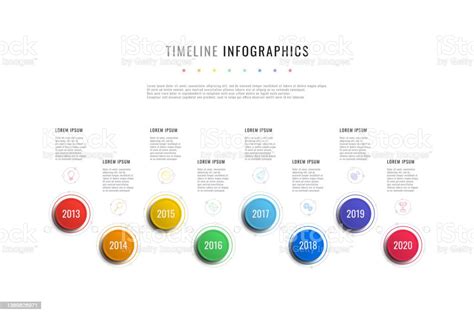 흰색 배경에 둥근 요소 연도 표시기 및 텍스트 상자가 있는 수평 타임라인 인포그래픽입니다 사실적인 3d 용지 컷 디자인 현대 벡터 회사 프리젠 테이션 슬라이드 템플릿 0명에