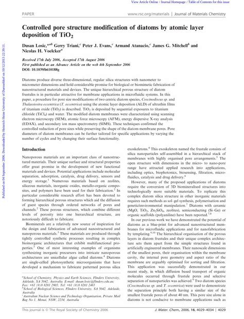 Pdf Controlled Pore Structure Modification Of Diatoms By Atomic Layer Deposition Of Tio2