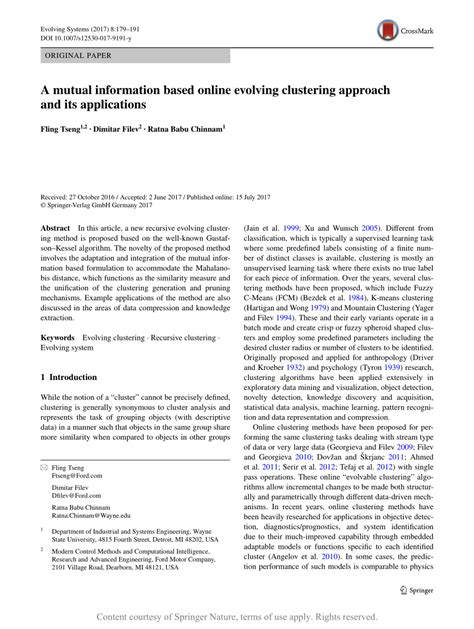 A Mutual Information Based Online Evolving Clustering Approach And Its Applications Request Pdf