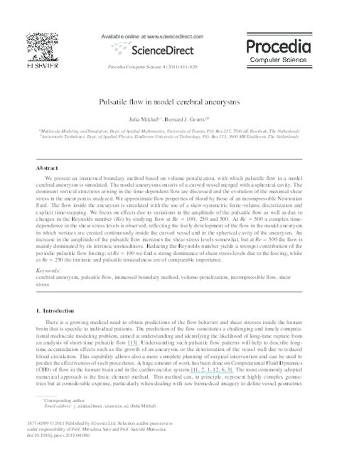 Pdf Pulsatile Flow In Model Cerebral Aneurysms