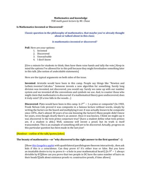Mathematics And Knowledge Lecture Notes