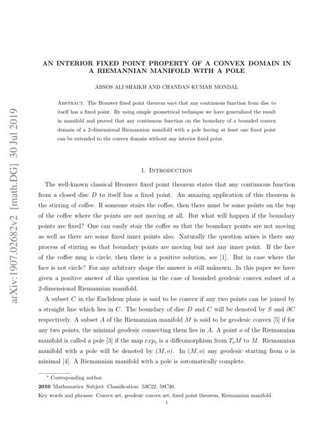 Pdf An Interior Fixed Point Property Of A Convex Domain In A Riemannian Manifold With A Pole