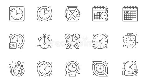 Time Management Icons Set In Outline Stroke Design For Web Pack Line Pictograms With Clock