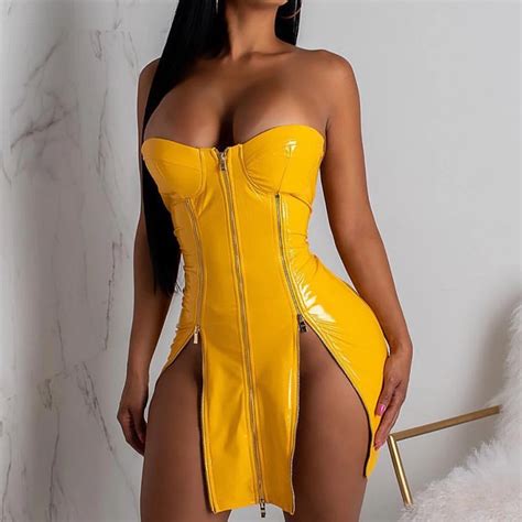 Sexy Pu Leather Dress Strapless Zipper Front Bandage Bodycon Party Dresses Side Split Banquet