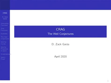 Pdf Crag The Weil Conjectures Crag D Zack Garza Generating Functions Zeta Functions
