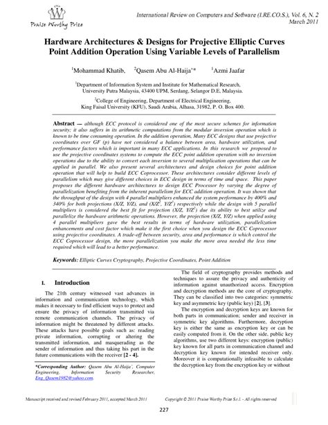 Pdf Hardware Architectures And Designs For Projective Elliptic Curves Point Addition Operation