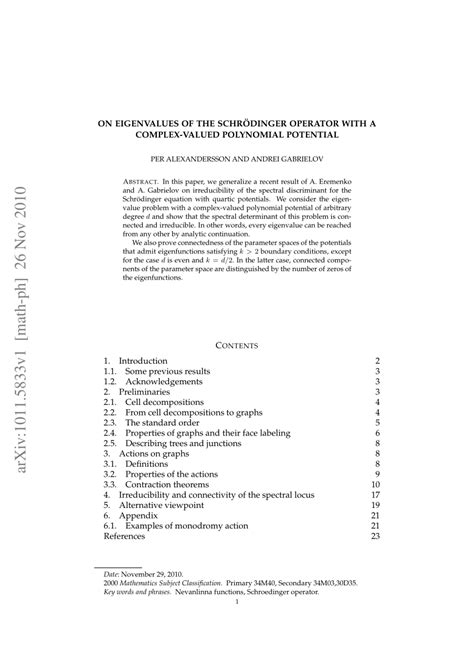 Pdf On Eigenvalues Of The Schrödinger Operator With A Complex Valued Polynomial Potential