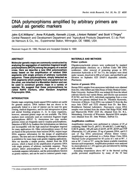 Dna Polymorphisms Amplified By Arbitrary Primers Are Useful As Genetic Markers Pmc