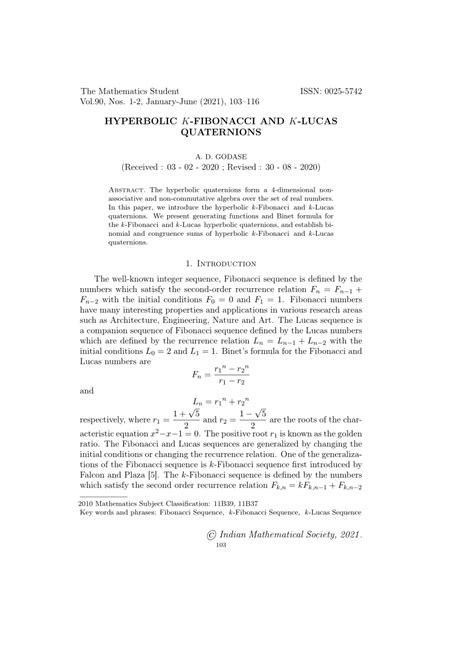 Pdf Hyperbolic K Fibonacci And K Lucas Quaternions