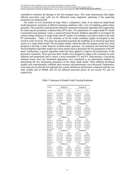 The Differences Between Single Diode Model And Double Diode Models Of A Solar Pdf