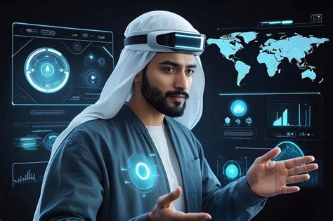 Premium Photo Arab Man Using Hologram Futuristic User Interface Concept Graphical User