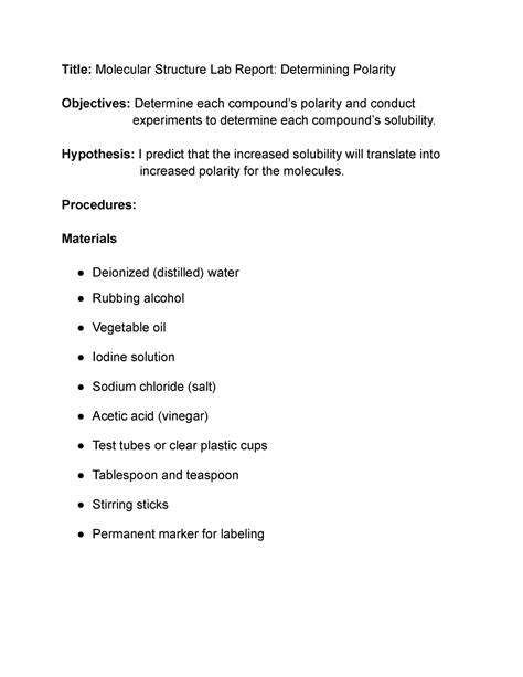 03 05 Molecular Structure Title Molecular Structure Lab Report Determining Polarity