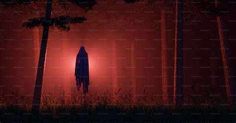 안개가 자욱한 숲 속의 으스스한 밤과 나무 사이에 붉은 빛을 내뿜는 악령 할로윈 개념 유령 공포와 공포 3d 렌더링 사진 Unsplash의 저승사자 이미지