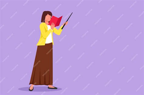 만화 플랫 스타일 그리기 교실 앞에 열린 책 포인터를 들고 서 있는 아름다운 여성 교사가 강의 수업을 가르치고 있습니다 대학 교수가 강의를 하고 있습니다 그래픽 디자인