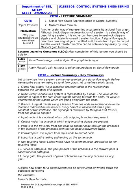 Lcs Cdt8 Summary 6eee1 Bjk 2022 23 Department Of Eee Kitsw 6eee1 Ay2022 U18ee606 Control
