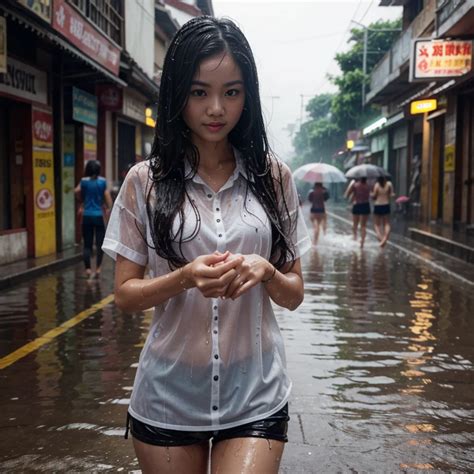 Songkran Wet Street Soaked Young Girls Drenched Dripping Seaart Ai