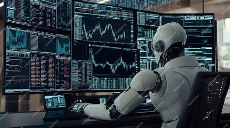 Robot Stock Trader Is Using A Multimonitor Computer Setup To Analyze