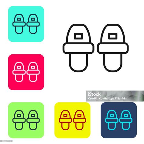 블랙 라인 호텔 슬리퍼 아이콘 흰색 배경에 격리 플립 플롭 기호 색상 정사각형 단추로 아이콘을 설정합니다 벡터 검은색에 대한 스톡 벡터 아트 및 기타 이미지 Istock