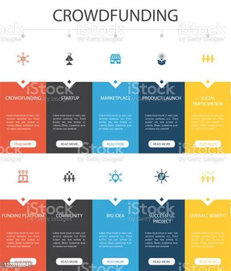 크라우드 펀딩 인포 그래픽 10 옵션 Ui Designstartup 제품 출시 자금 조달 플랫폼 커뮤니티 간단한 아이콘 10에