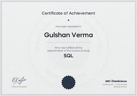 Gulshan Verma On Linkedin Certificate Of Achievement Sql 365 Data Science