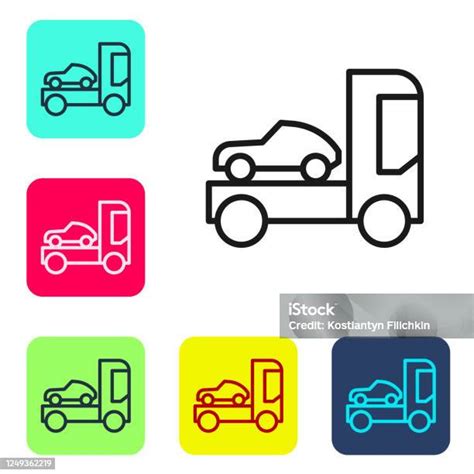 흰색 배경에 고립 된 자동차 아이콘의 운송을위한 검은 라인 자동차 수송 트럭 색상 정사각형 단추로 아이콘을 설정합니다 벡터 일러스트레이션 거리에 대한 스톡 벡터 아트 및