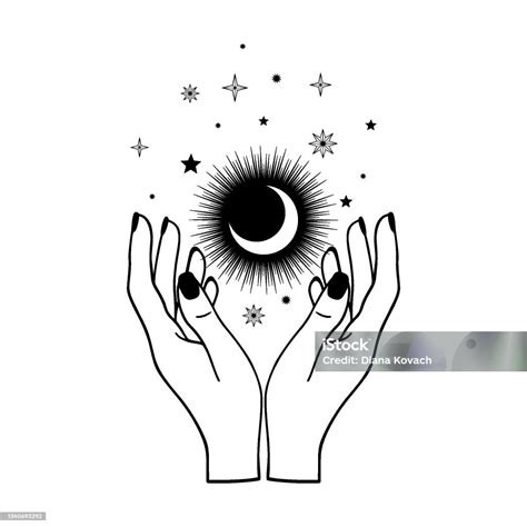 여성의 손으로 그려진 신비한 달 라인 아트의 별 영적 상징 천체 공간 매직 부적 앤티크 스타일 보헤미안 문신 로고 벡터 일러스트레이션 개체 그룹에 대한 스톡 벡터 아트 및
