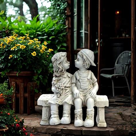 First Kiss Boy Girl Garden Statue Sitting On Bench Kissing