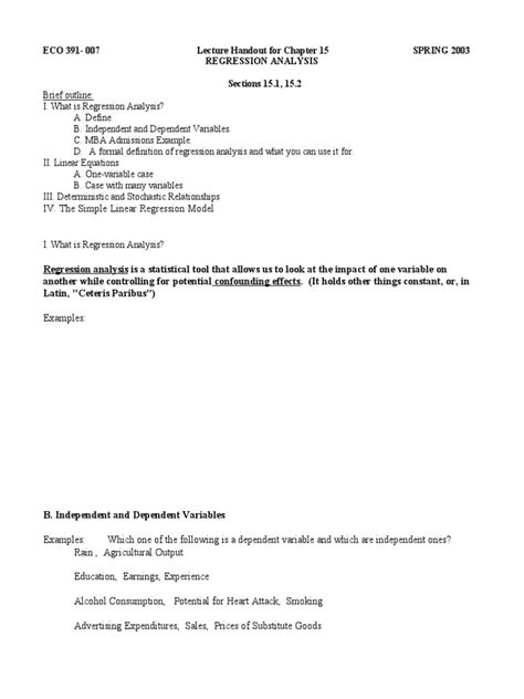 Eco 391 007 Lecture Handout For Chapter 15 Spring 2003 Regression Analysis Sections 151 152
