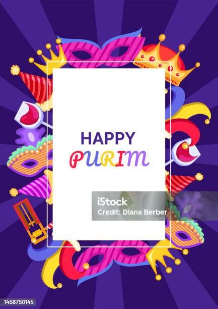 왕관 카니발 마스크 할리퀸 모자 와인 파티 콘 및 콩 주머니와 같은 전통적인 푸림 요소가 있는 푸림 휴일 초대장 프레임 벡터 포스터 인사말 초대 프레임 3월에 대한 스톡