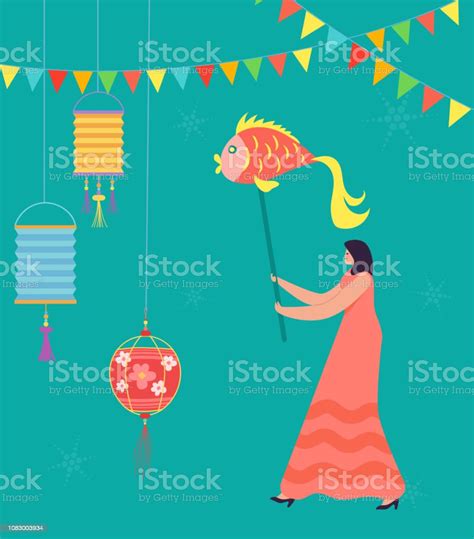 음력 새 해를 축 하 하는 중국 여자 사자 용 댄스 퍼레이드 나 카니발에 중국 전통 의상을 입고 여자 캐릭터 벡터 일러스트 레이 션 가족에 대한 스톡 벡터 아트 및 기타