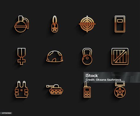 총알 군용 탱크 수류탄 워키 토키 보상 메달 헬멧 탄약 상자 및 케틀벨 아이콘으로부터 보호하기위한 방탄 조끼를 설정하십시오 벡터 건강한 생활방식에 대한 스톡 벡터 아트 및